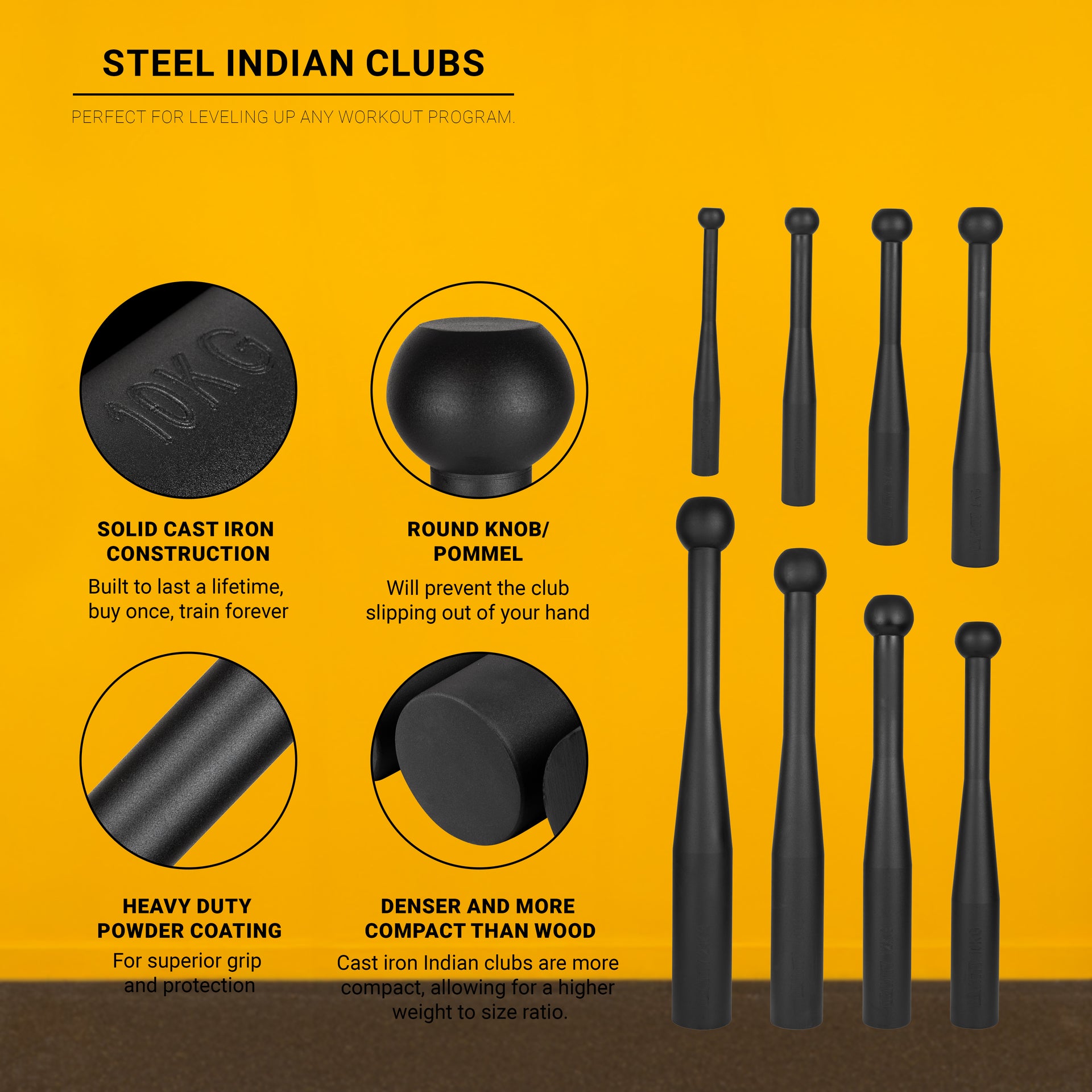 Steel Indian Clubbells 2kg - 20kg - Gravity Fitness Equipment
